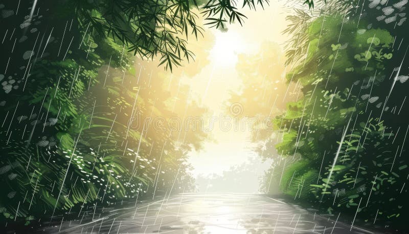 Tranquil Bamboo Forest Rain Backdrop with Serene Rain Falling Nature ...