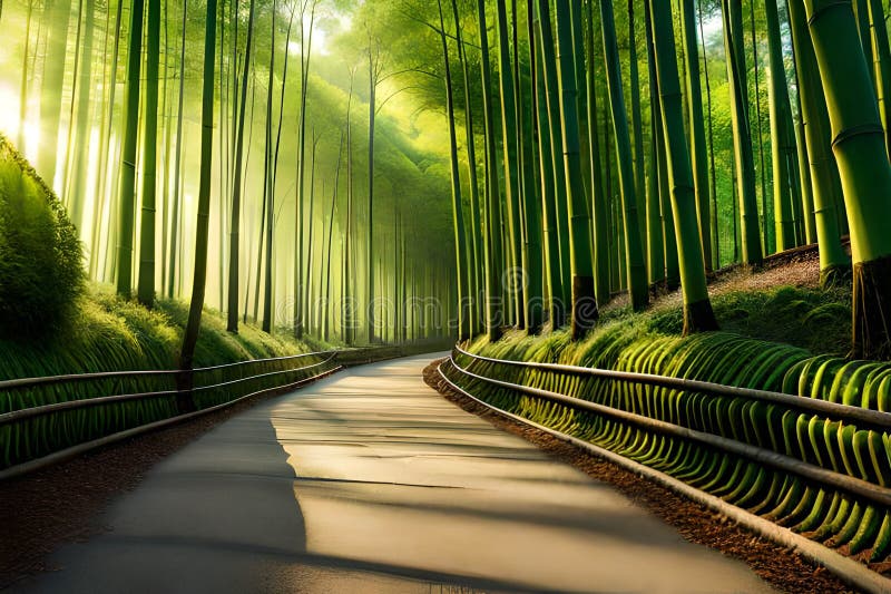 A Tranquil, Bamboo Forest with Sunlight Filtering through the Dense ...