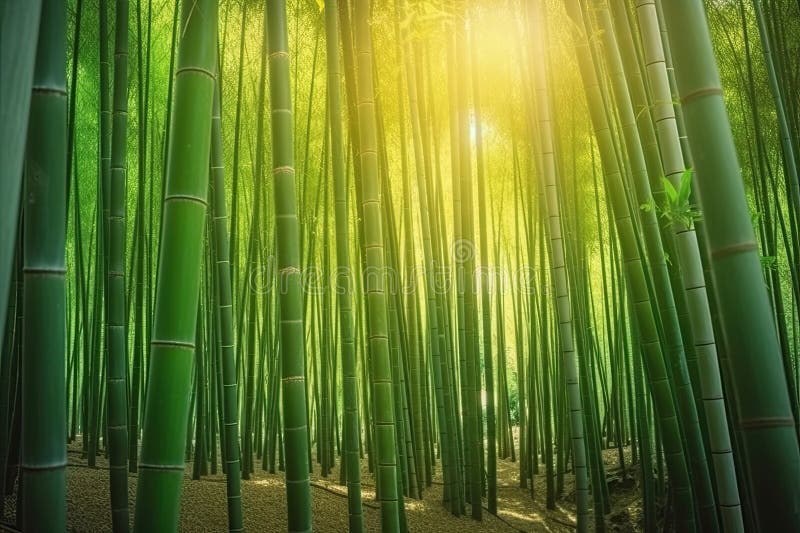 A Tranquil Bamboo Forest with Sunlight Filtering through Tall Trees ...