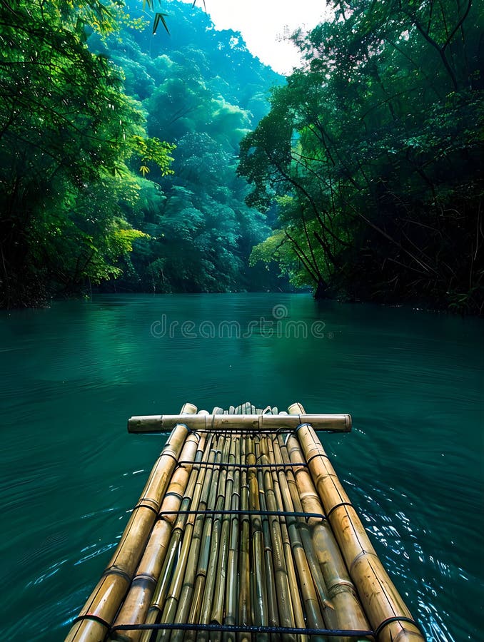 Tranquil Bamboo Raft Ride through a Lush Green Forest Stock ...