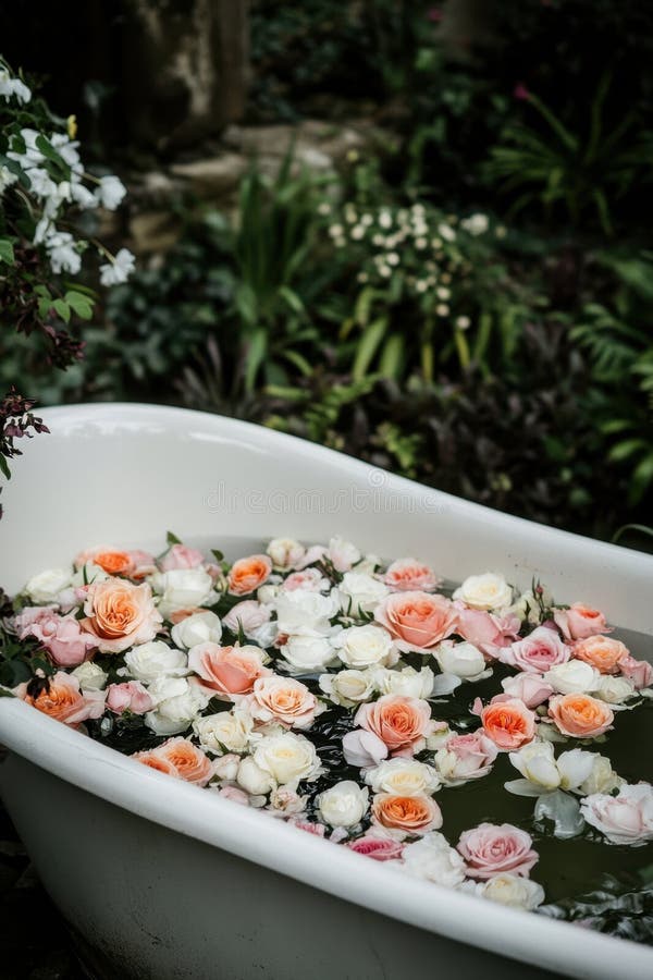 Tranquil Bath with Floating Roses in Garden Oasis Stock Image - Image ...
