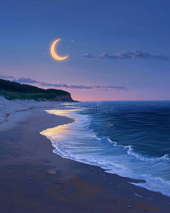 Tranquil Beach with Crescent Moon Rising Over Ocean Stock Illustration ...