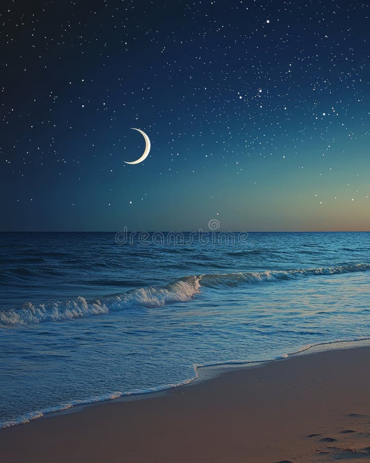Tranquil Beach with Crescent Moon Rising Over Ocean Stock Illustration ...