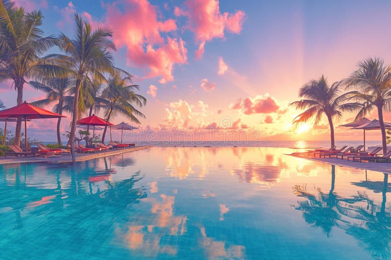 Tranquil Beach Holiday Scene with Poolside Reflection and Colorful Sky ...