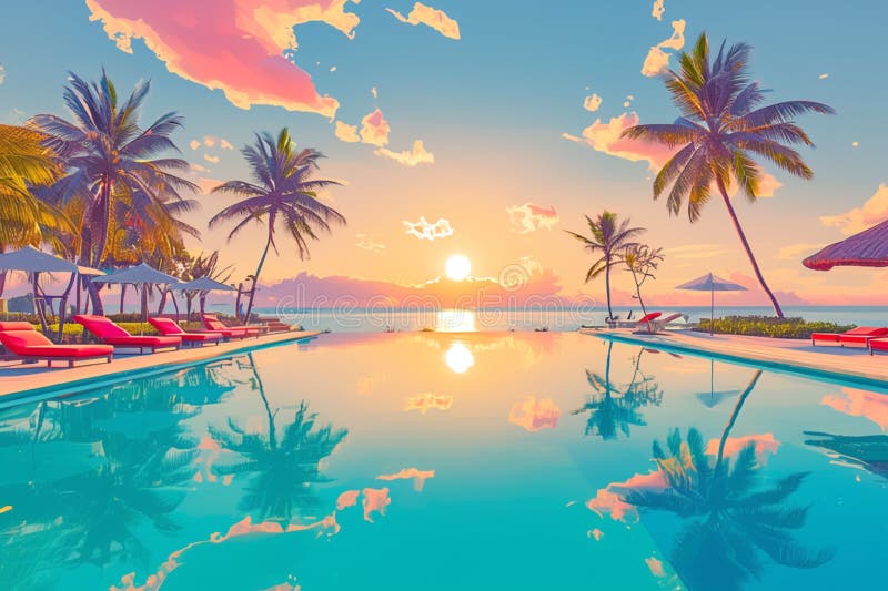 Tranquil Beach Holiday Scene with Poolside Reflection and Colorful Sky ...