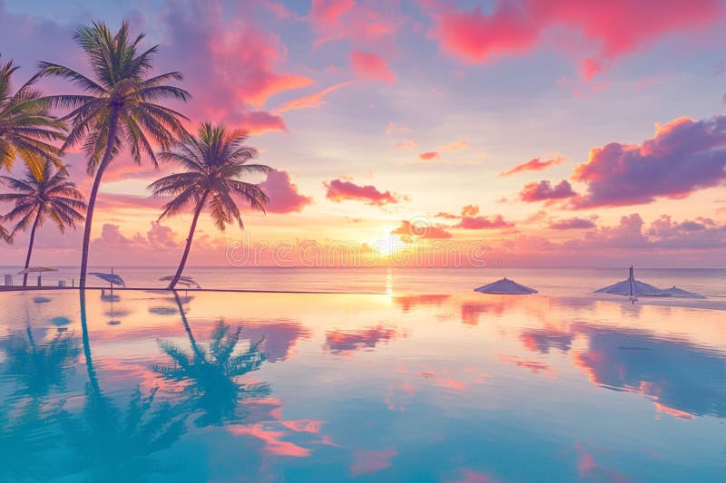 Tranquil Beach Holiday Scene with Poolside Reflection and Colorful Sky ...