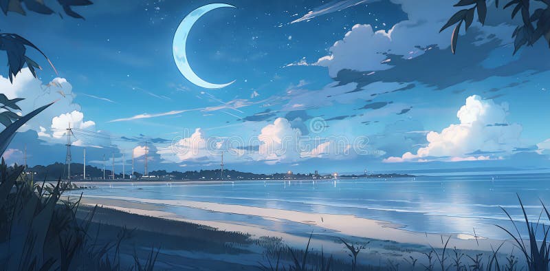 Tranquil Beach with the Moon Rising Over Ocean Stock Illustration ...