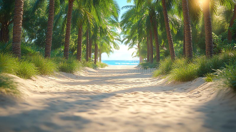 A Tranquil Beach Pathway Surrounded by Lush Palm Trees and Soft Sandy ...