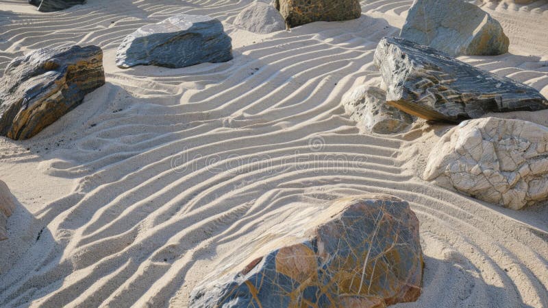 Tranquil Beach with Sand Patterns and Serene Rocks Stock Photo - Image ...