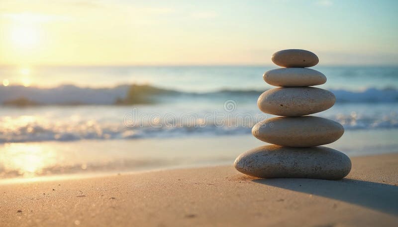 Tranquil Beach Scene with Balanced Pebble Stack at Sunset Stock ...