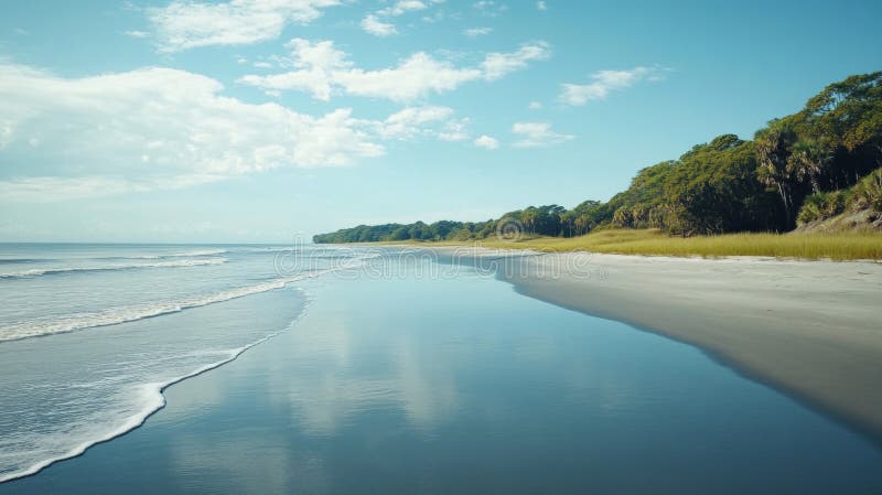 Tranquil Beach Scene with Calm Waves and Blue Sky Stock Illustration ...