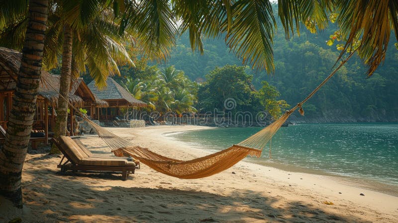 Tranquil Beach Scene Featuring Hammock Strung between Palm Trees, with Sandy Shore and Lush ...