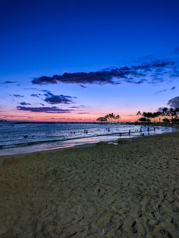 A Beach Scene with the Sun Setting in the Background and Palm Trees ...