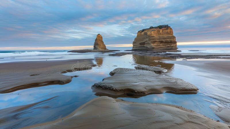 A Tranquil Beach Scene with Rock Formations Rising from the Sand ...