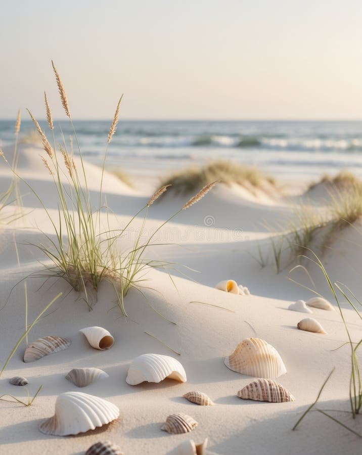 Tranquil Beach Scene with Shells and Grass on Soft Sand Dunes Stock ...