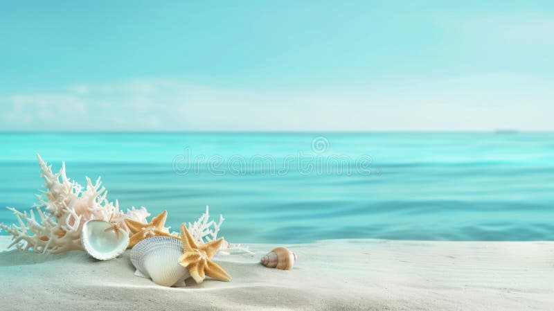 Tranquil Beach Scene with Shells and Starfish on Sandy Shore Stock ...