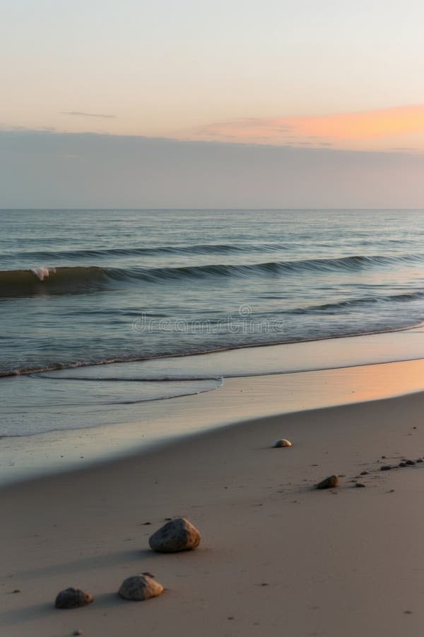 Tranquil Beach Scene with Soft Waves and Golden Sunset Lighting. Stock ...