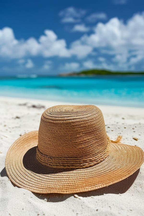 Tranquil Beach Scene Straw Hat Resting on Sandy Shore Against Azure Sea ...