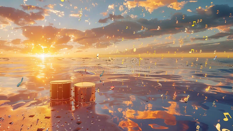 A Tranquil Beach Scene at Sunset with a Drum Set Placed on the Sand ...