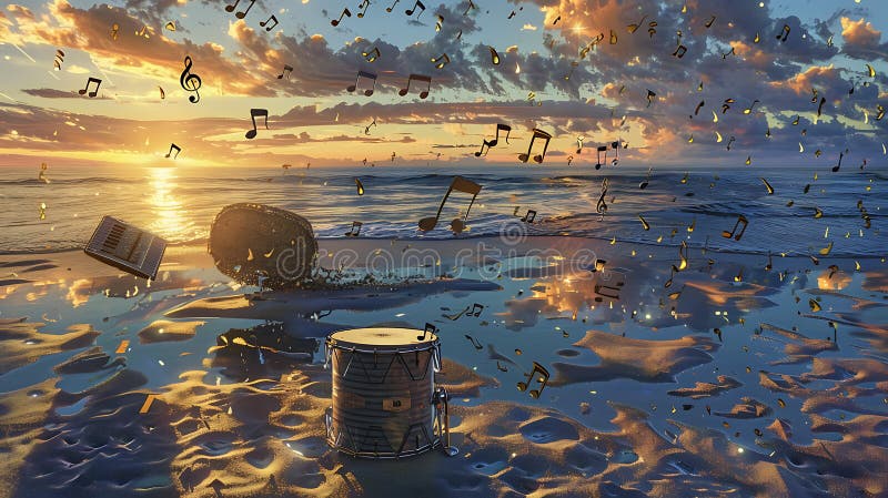 A Tranquil Beach Scene at Sunset with a Drum Set Placed on the Sand ...