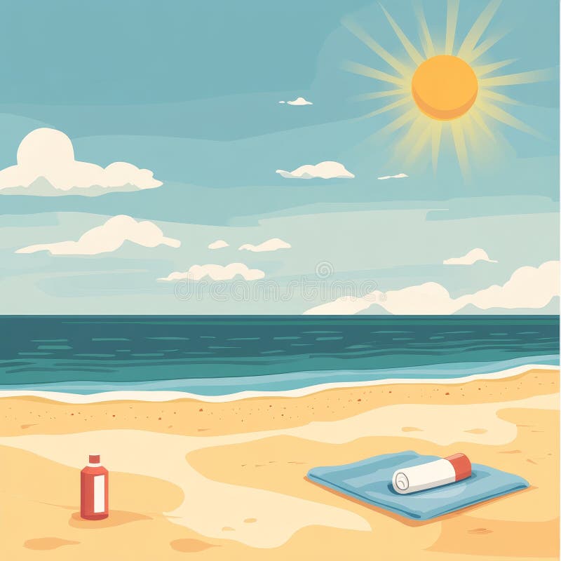 A Tranquil Beach Scene with a Towel, Sun, and Ocean Waves Under a Clear ...