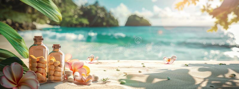 A Tranquil Beach Scene with Vitamin Bottles and Healthy Snacks ...