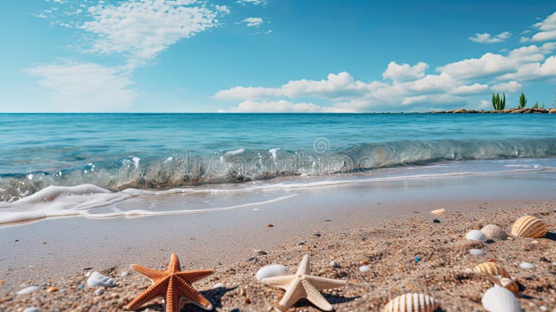 Tranquil Beach with Shells and Gentle Wave Stock Image - Image of relax ...