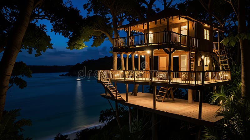 Tranquil Beach Side Treehouse Retreat with String Lights and Cozy ...