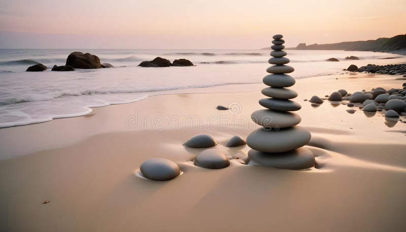 Tranquil Beach with Stacked Stones, the Calm Waves and Sunset Creating ...