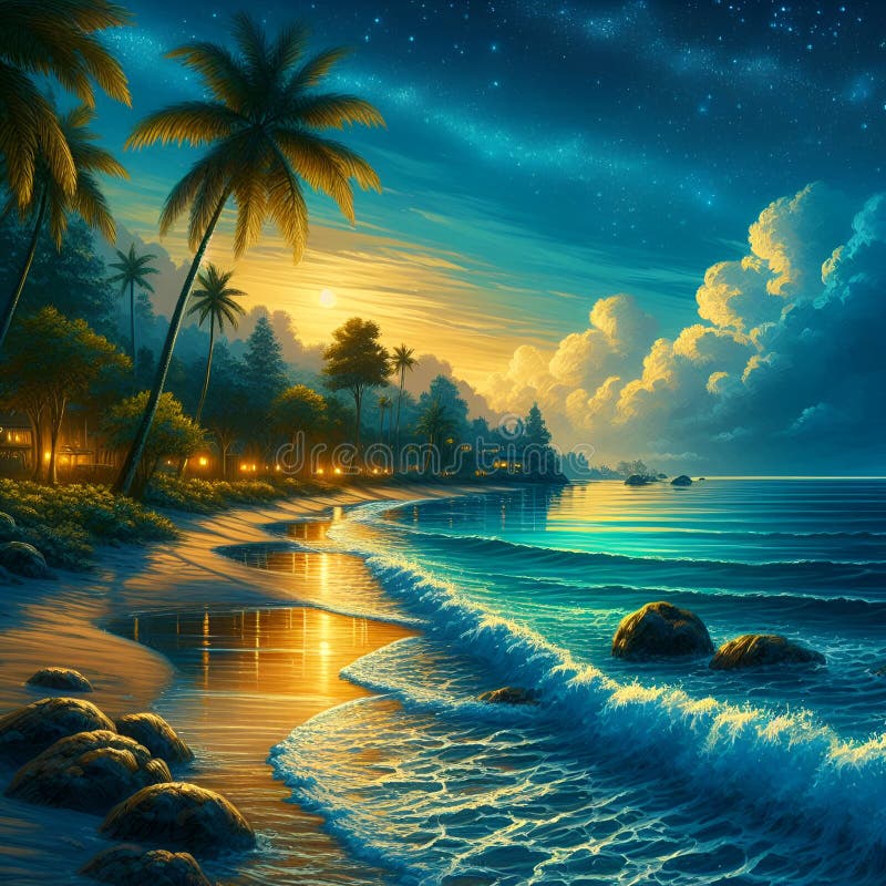 A Tranquil Beach at Summer Night Scenery, with Gently Flow Waves ...