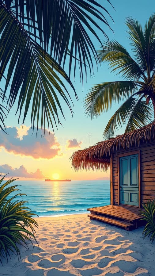 Tranquil Beach Sunset Cabin Palm Trees Tropical Shoreline Stock Photos ...