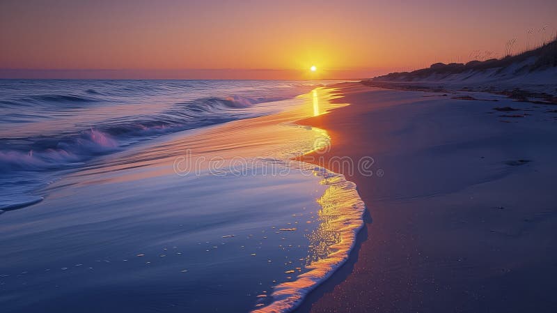 Tranquil Beach Sunset with Gentle Waves and Reflective Shoreline Stock ...