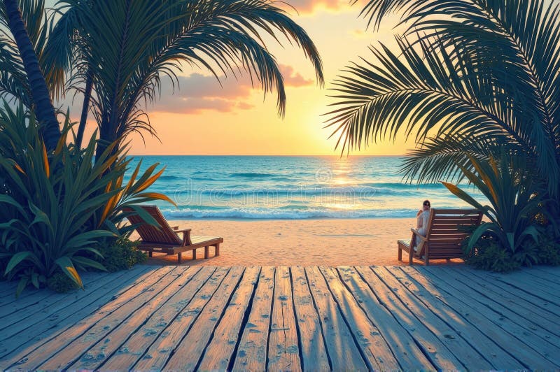 Tranquil Beach Sunset Palm Trees Wooden Pathway Stock Photos - Free ...