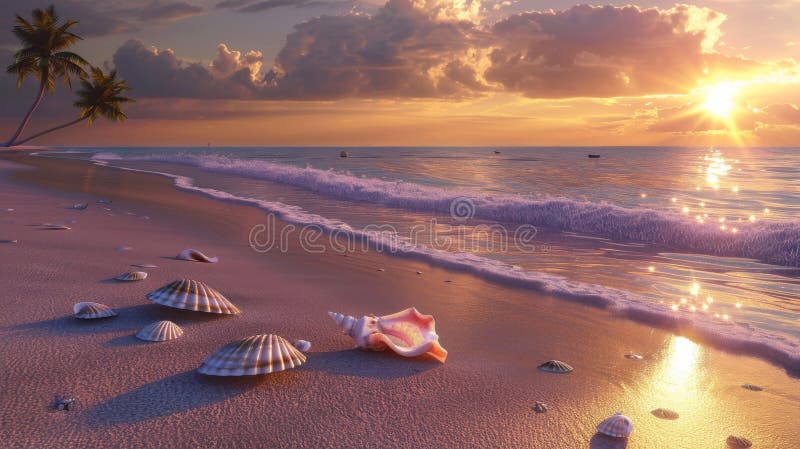 Tranquil Beach Sunset with Shells and Palm Trees on Sandy Shore ...