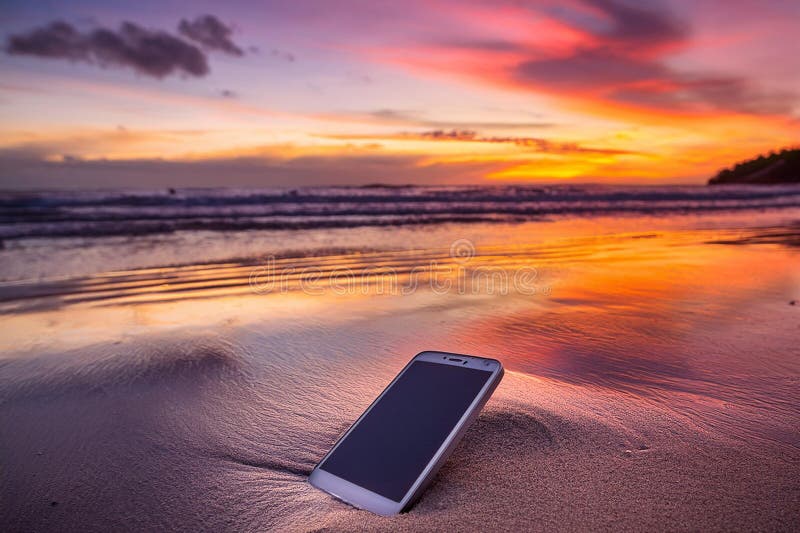 Tranquil Beach Sunset with Smartphone Reflection. AI Content Generation ...