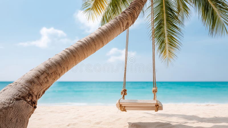 Tranquil Beach Swing Under Palm Tree with Clear Blue Ocean and Sky ...