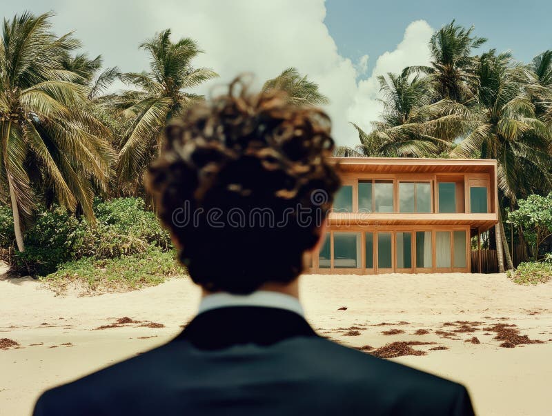 Tranquil Beach View with Man in Suit Facing Modern House Stock ...