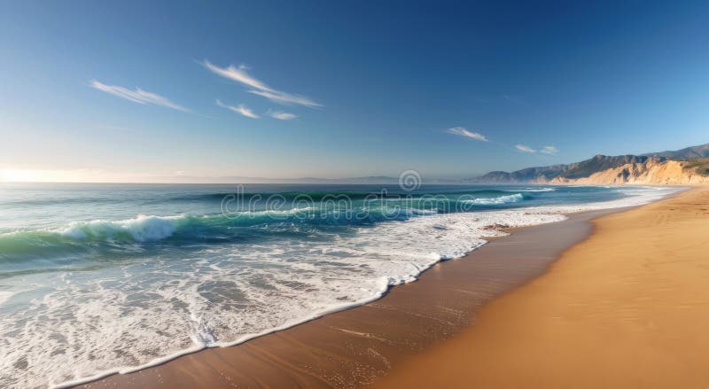 Serene Beachfront View at Sunrise with Gentle Waves and Clear Skies ...