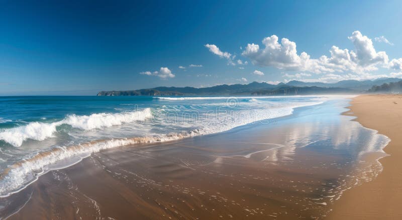 Serene Beachfront View at Sunrise with Gentle Waves and Clear Skies ...
