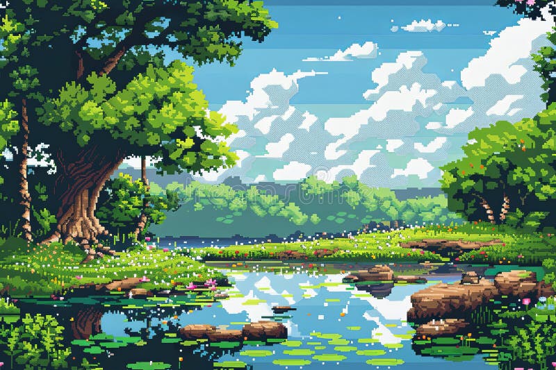 Tranquil Beauty of Pixelated Nature Landscape with Serene Charm and ...