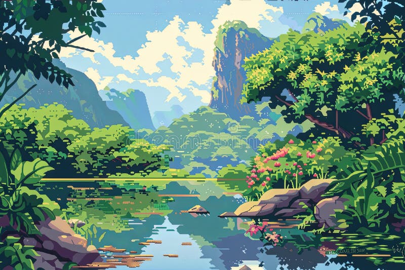 Tranquil Beauty in Pixelated Nature Landscape Serene Charm with ...