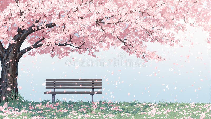 Tranquil Bench Under Blooming Cherry Blossom Tree Stock Illustration ...