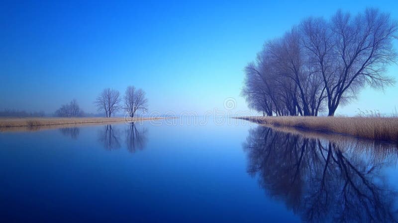 Tranquil Blue Landscape with Bare Trees Reflecting in Still Water Stock ...