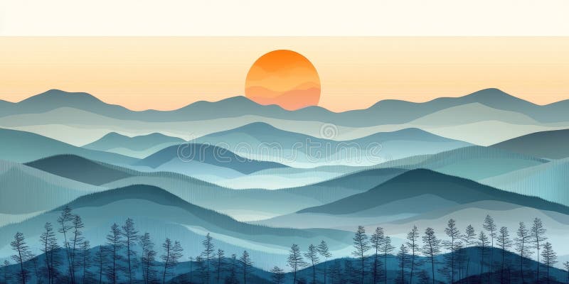 Tranquil Blue Mountain Landscape, Minimalist Design, Abstract Sunset ...