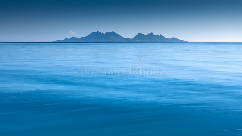 Tranquil Blue Ocean with Distant Island Silhouette Stock Image - Image ...