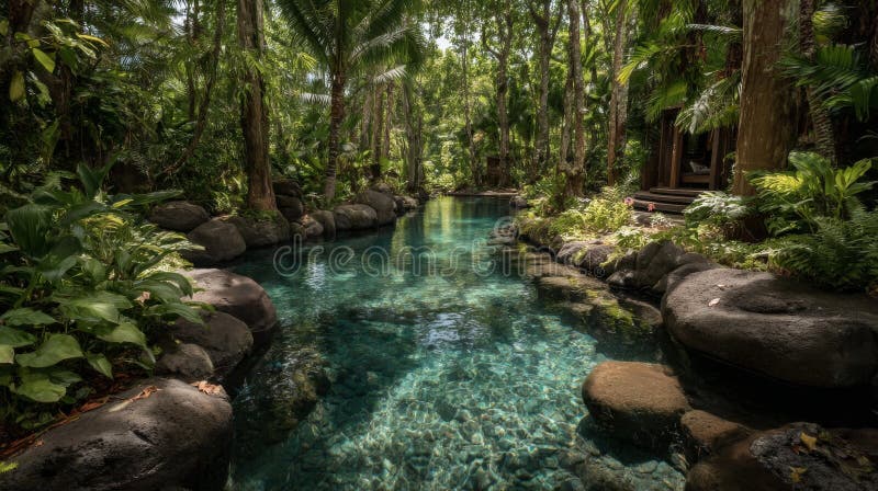 Tranquil Blue Stream through Lush Tropical Forest Stock Illustration ...