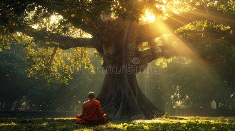 Tranquil Buddhist Monk Meditating Beneath Bodhi Tree with Sunlight ...
