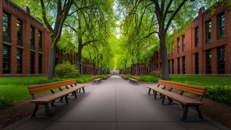 Tranquil Campus Pathway Surrounded by Nature and Charming Brick ...