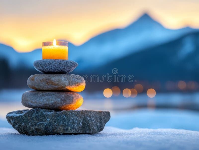 Tranquil Candle Lantern on Stone Stack at Sunset with Mountain Background and Soft Bokeh Stock ...