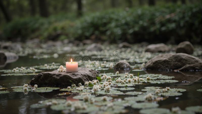Tranquil Candle on Rock in Stream White Flowers Afloat Stock ...
